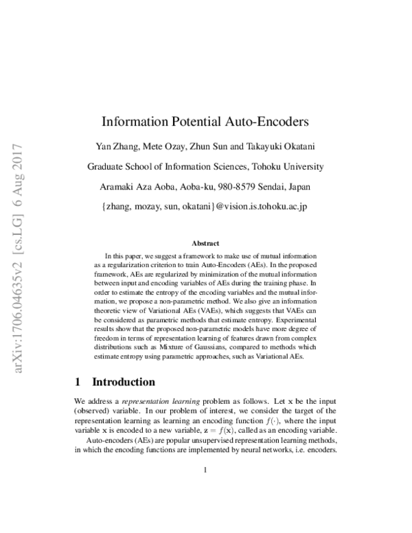Pdf Information Potential Auto Encoders Mete Ozay 