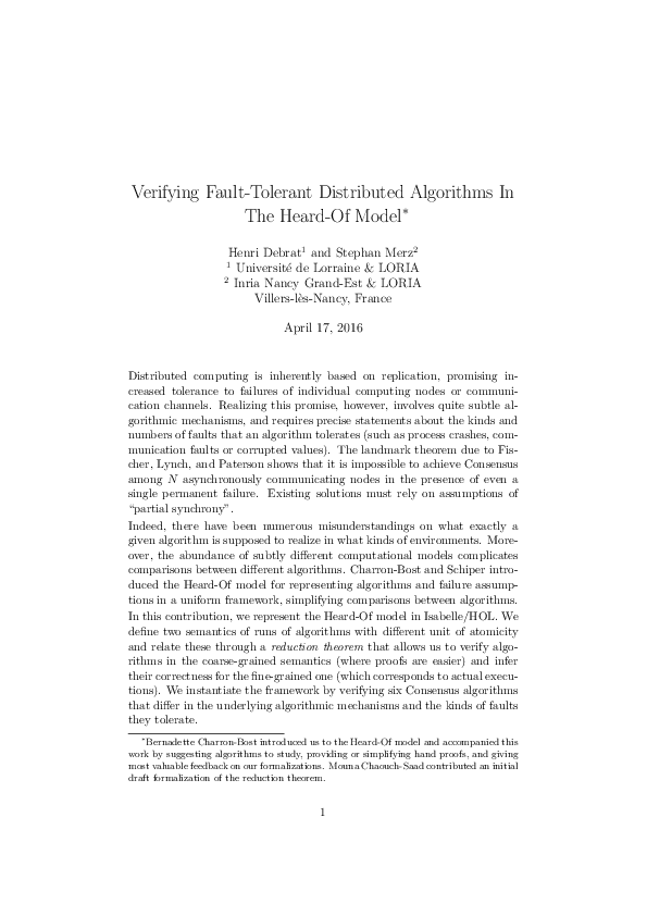 Pdf Verifying Fault Tolerant Distributed Algorithms In The Heard Of Model