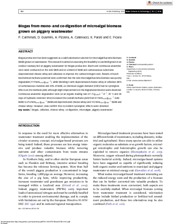 (PDF) Biogas from mono- and co-digestion of microalgal biomass grown on ...