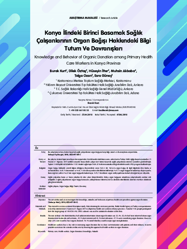 (PDF) Konya İlindeki Birinci Basamak Sağlık Çalışanlarının Organ Bağışı ...