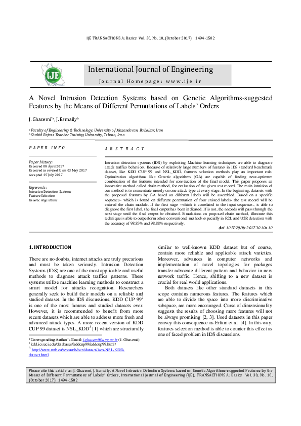 (PDF) Genetic Algorithm-Based Intrusion Detection System Optimization