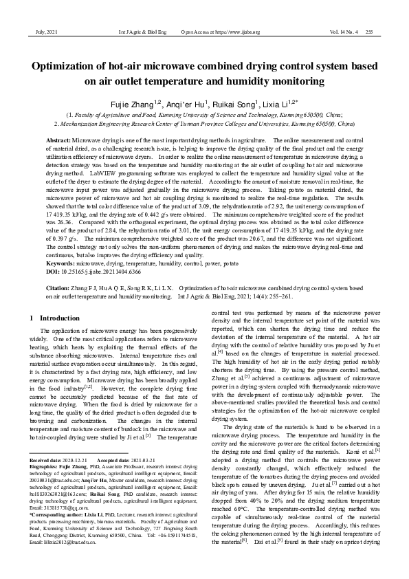 (PDF) Optimization of hot-air microwave combined drying control system based on air outlet ...