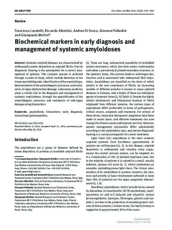 (PDF) Biochemical markers in early diagnosis and management of systemic ...