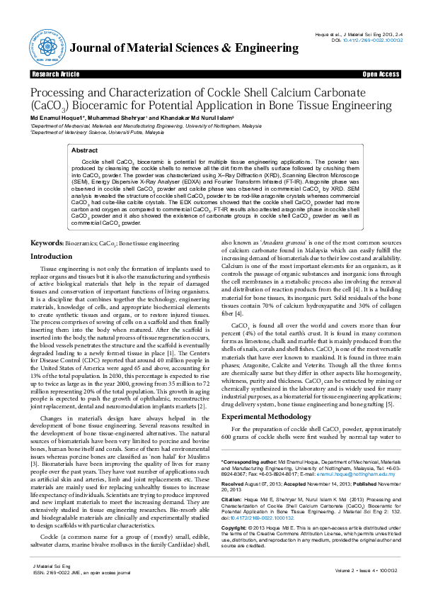 (PDF) Processing and Characterization of Cockle Shell Calcium Carbonate ...