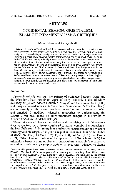 (PDF) OCCIDENTAL REASON, ORIENTALISM, ISLAMIC FUNDAMENTALISM: A CRITIQUE