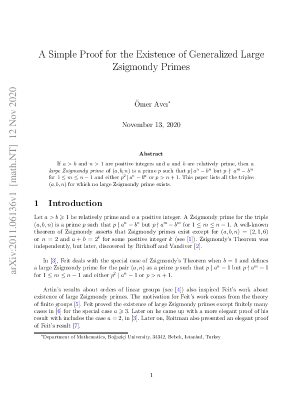 (PDF) A Simple Proof for the Existence of Generalized Large Zsigmondy ...