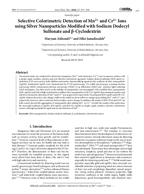 (PDF) Selective Colorimetric Detection of Mn2+ and Cr2+ Ions using Silver Nanoparticles Modified ...