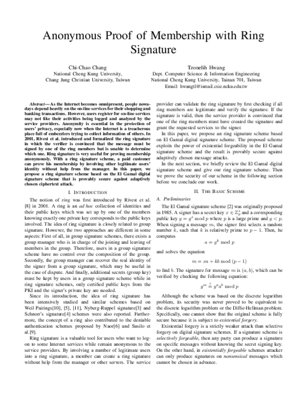 (PDF) Anonymous Proof of Membership with Ring Signature