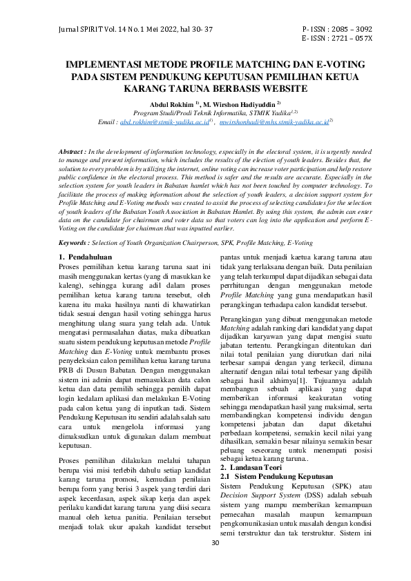 (PDF) Implementasi Metode Profile Matching Dan E-Voting Pada Sistem Pendukung Keputusan ...