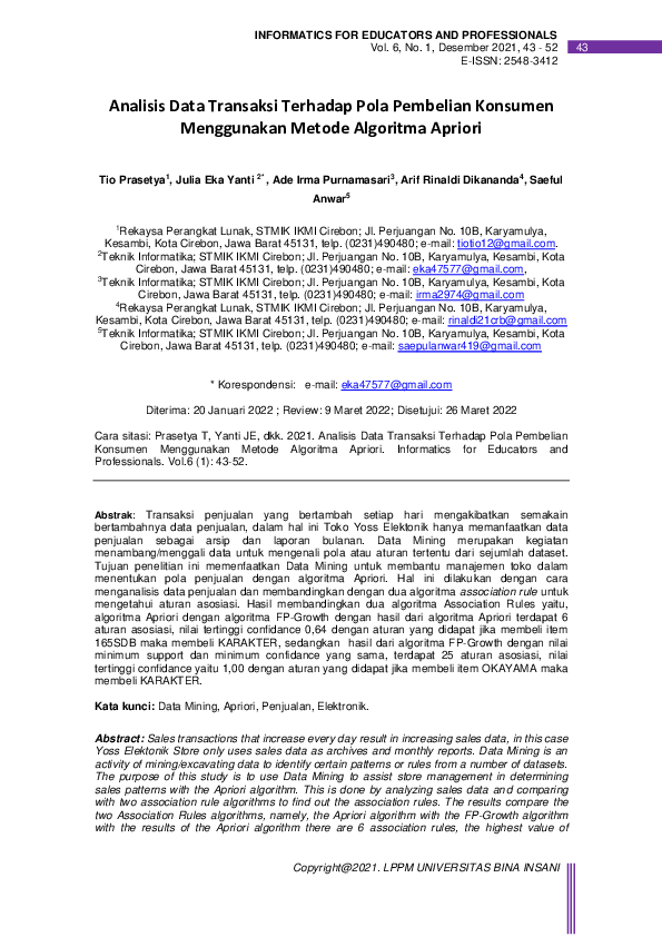 (PDF) Analisis Data Transaksi Terhadap Pola Pembelian Konsumen Menggunakan Metode Algoritma Apriori