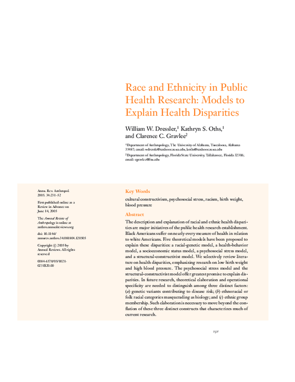 (PDF) RACE AND ETHNICITY IN PUBLIC HEALTH RESEARCH: Models to Explain ...