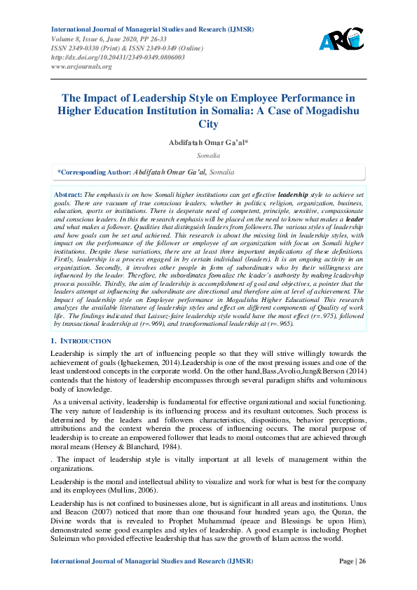 (PDF) The Impact of Leadership Style on Employee Performance in Higher Education Institution in ...