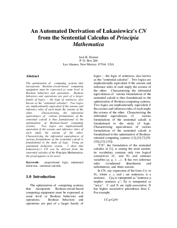 (PDF) An Automated Derivation of Łukasiewicz's CN from the Sentential Calculus of Principia ...