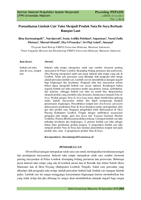 (PDF) Pemanfaatan Limbah Cair Tahu Menjadi Produk Nata De Soya Berbasis Rumput Laut