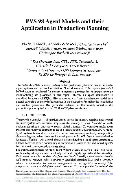 (PDF) PVS 98 Agent Models and their Application in Production Planning