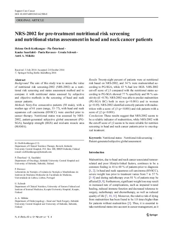 (PDF) NRS-2002 for pre-treatment nutritional risk screening and ...