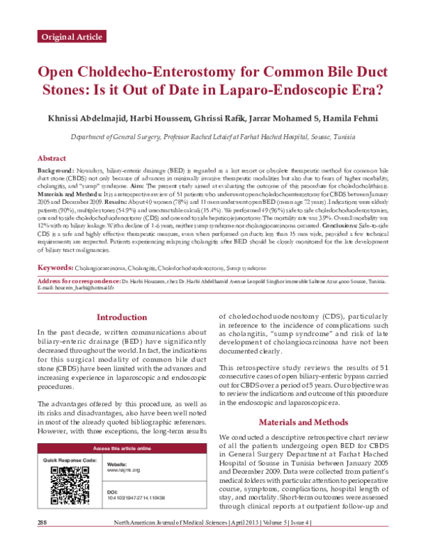 (PDF) Open choldecho-enterostomy for common bile duct stones: Is it out ...