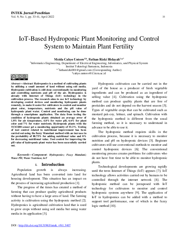 Pdf Iot Hydroponic Monitoring System For Plant Fertility