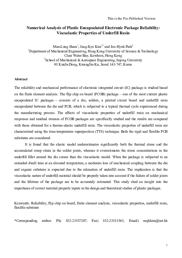 (PDF) Numerical analysis of plastic encapsulated electronic package reliability: Viscoelastic ...