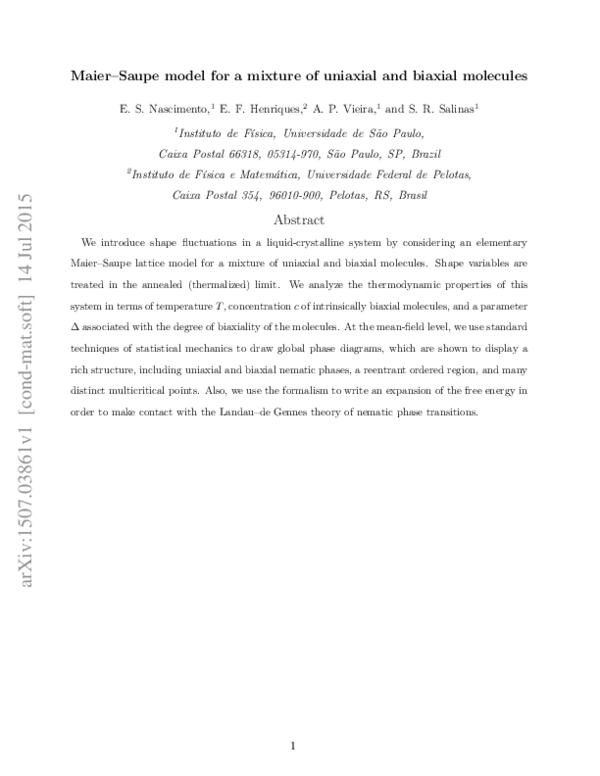 (PDF) Maier-Saupe model for a mixture of uniaxial and biaxial molecules