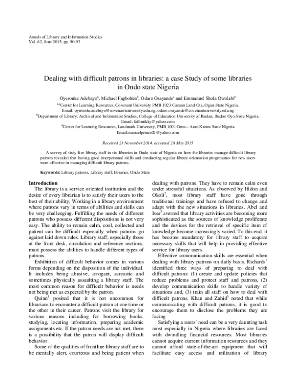 (PDF) Dealing with difficult patrons in libraries: a case Study of some ...