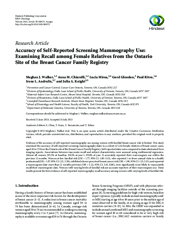 (PDF) Accuracy of Self-Reported Screening Mammography Use: Examining ...