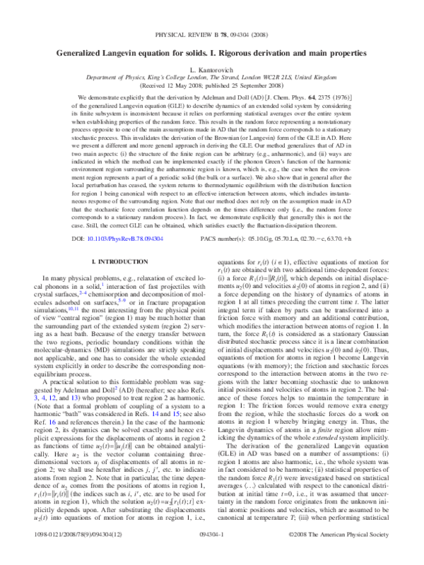 (PDF) Generalized Langevin equation for solids. I. Rigorous derivation ...