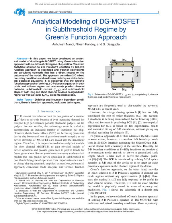 (PDF) Analytical Modeling of DG-MOSFET in Subthreshold Regime by Green’s Function Approach