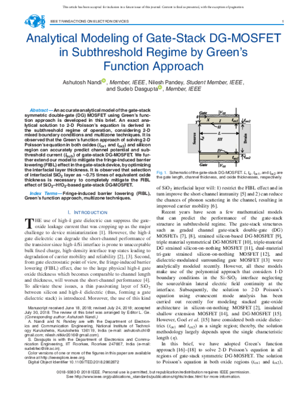 (PDF) Analytical Modeling of Gate-Stack DG-MOSFET in Subthreshold Regime by Green’s Function ...