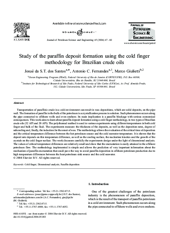 (PDF) Study of the paraffin deposit formation using the cold finger ...