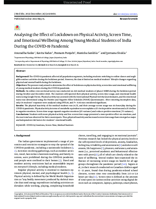 (PDF) Analysing the Effect of Lockdown on Physical Activity, Screen Time, and Emotional ...