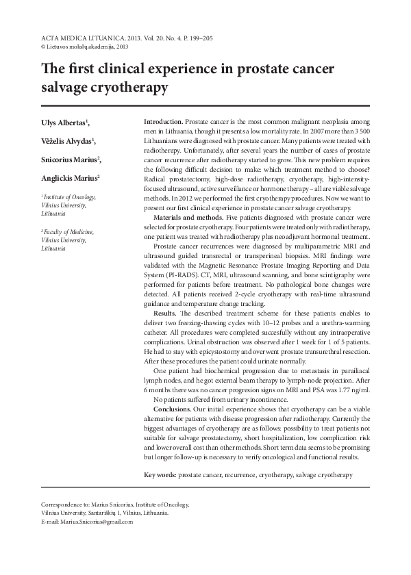 (PDF) The first clinical experience in prostate cancer salvage cryotherapy