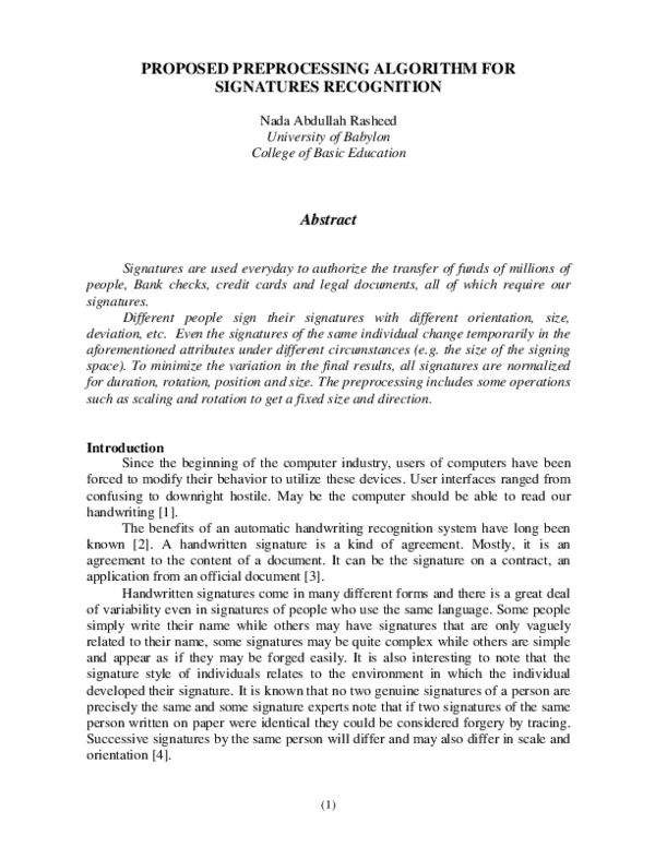 Proposed Preprocessing Algorithm For Signatures Recognition