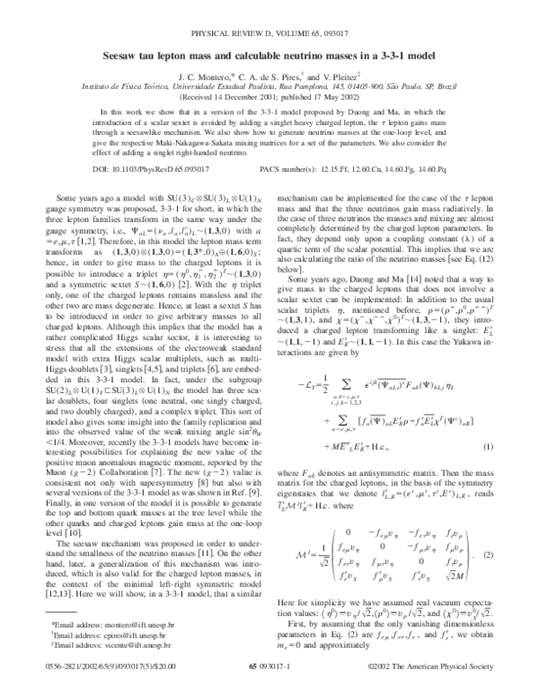 (PDF) Seesaw tau lepton mass and calculable neutrino masses in a 3-3-1 ...