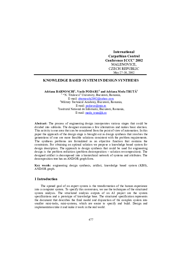 (PDF) Knowledge Based System in Design Synthesis | ADRIANA BARNOSCHI - Academia.edu