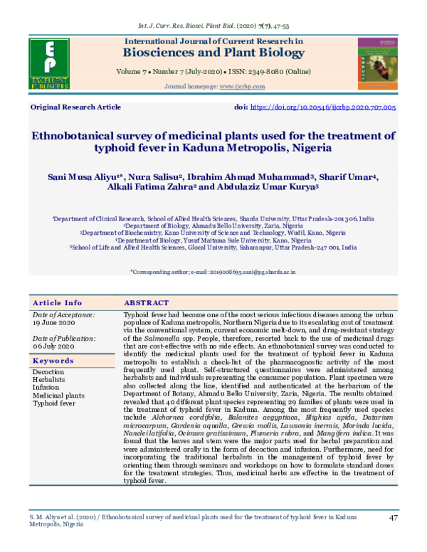(PDF) Ethnobotanical survey of medicinal plants used for the treatment of typhoid fever in ...