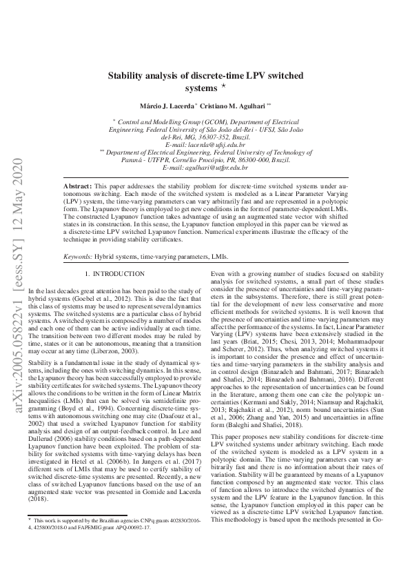 (PDF) Stability analysis of discrete-time LPV switched systems