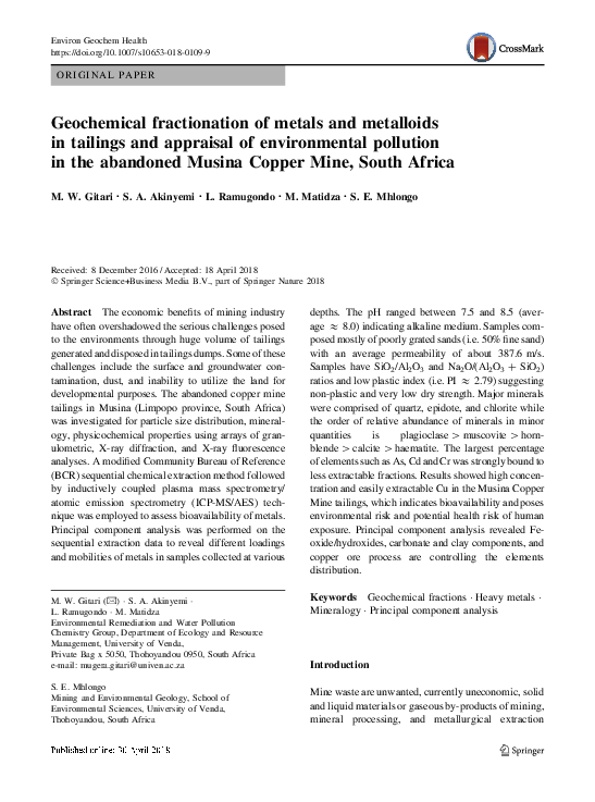 (PDF) Geochemical fractionation of metals and metalloids in tailings ...