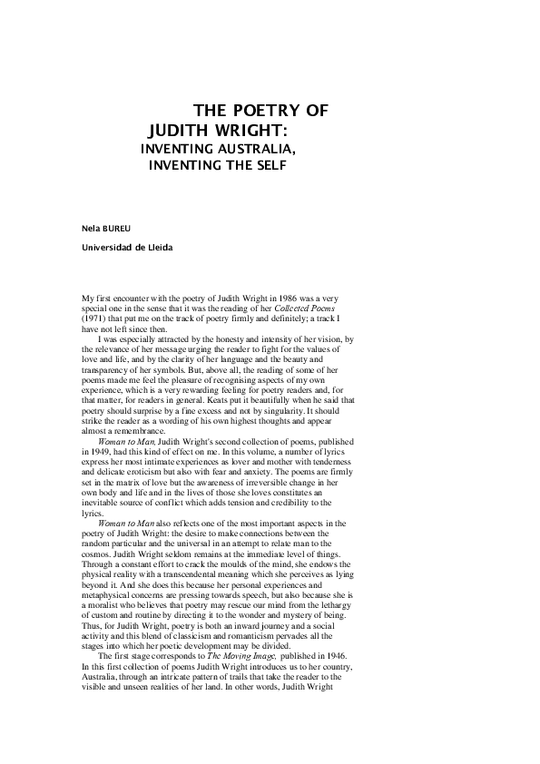 (PDF) The Poetry of Judith Wright: Inventing Australia, Inventing the Self