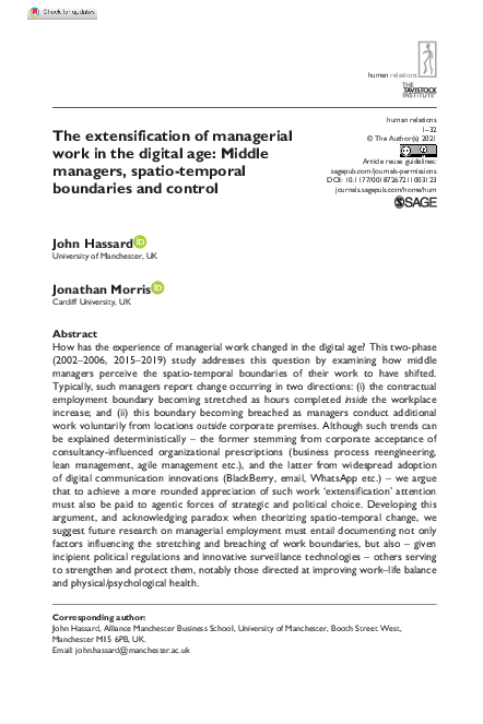 (PDF) The extensification of managerial work in the digital age: Middle ...