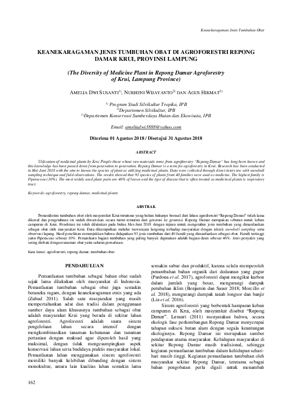 (PDF) The Diversity of Medicine Plant in Repong Damar Agroforestry of ...
