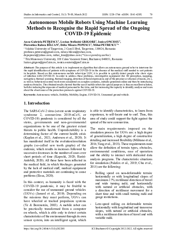 Pdf Autonomous Mobile Robots Using Machine Learning Methods To Recognise The Rapid Spread Of
