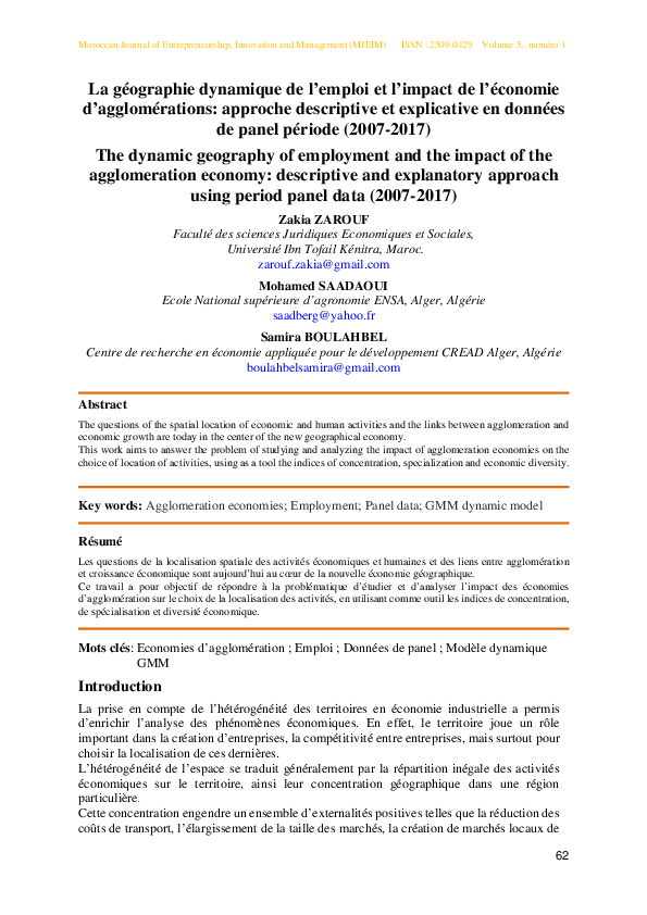 (PDF) La géographie dynamique de l’emploi et l’impact de l’économie d ...
