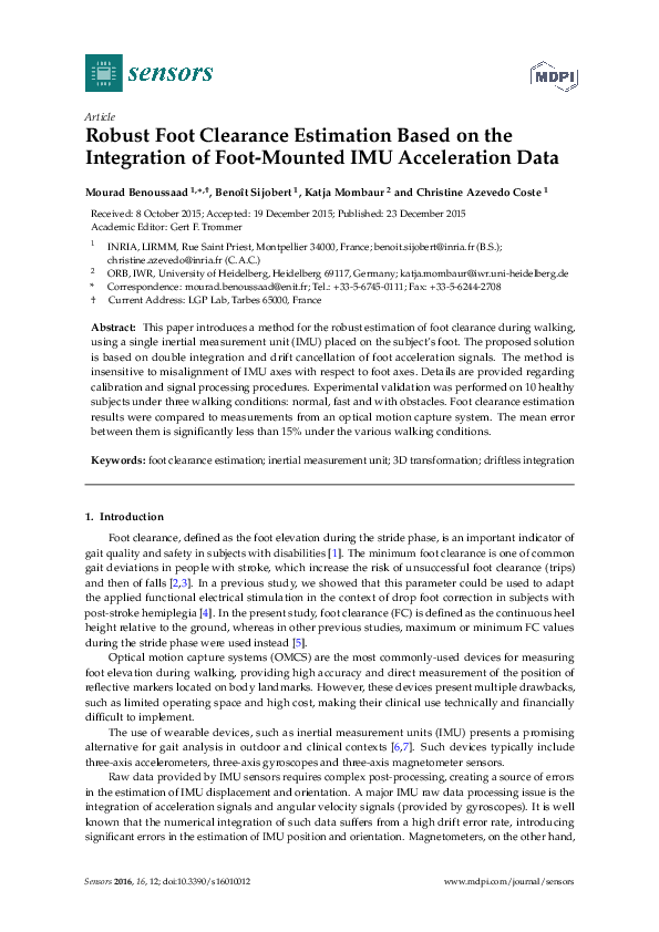 (PDF) Robust Foot Clearance Estimation Based on the Integration of Foot-Mounted IMU Acceleration ...