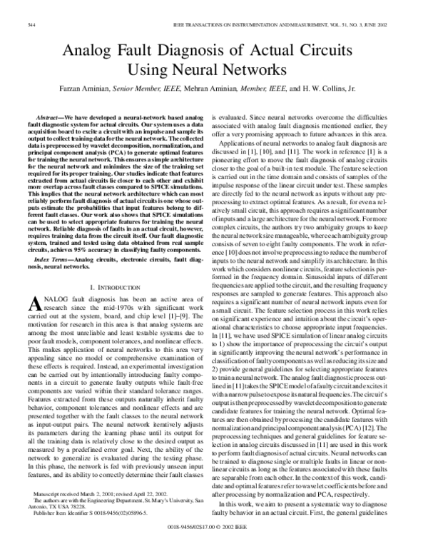 Pdf Analog Fault Diagnosis Of Actual Circuits Using Neural Networks