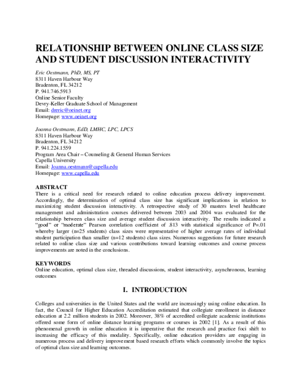 (PDF) Relationship Between Online Class Size and Learning Outcomes ...