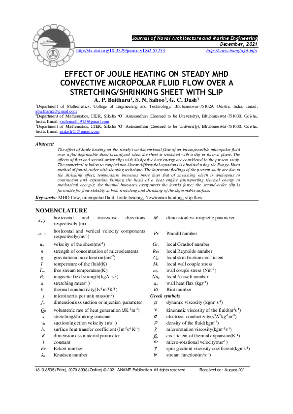 (PDF) Effect of Joule heating on steady MHD convective micropolar fluid over a stretching ...