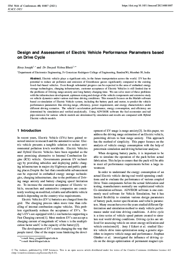 (PDF) Design and Assessment of Electric Vehicle Performance Parameters based on Drive Cycle