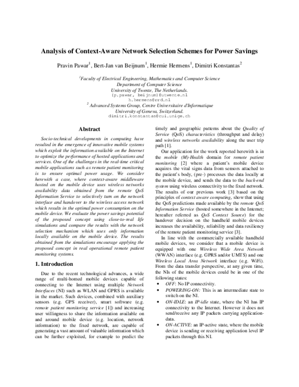 (PDF) Analysis of Context-Aware Network Selection Schemes for Power Savings | Dimitri Konstantas ...
