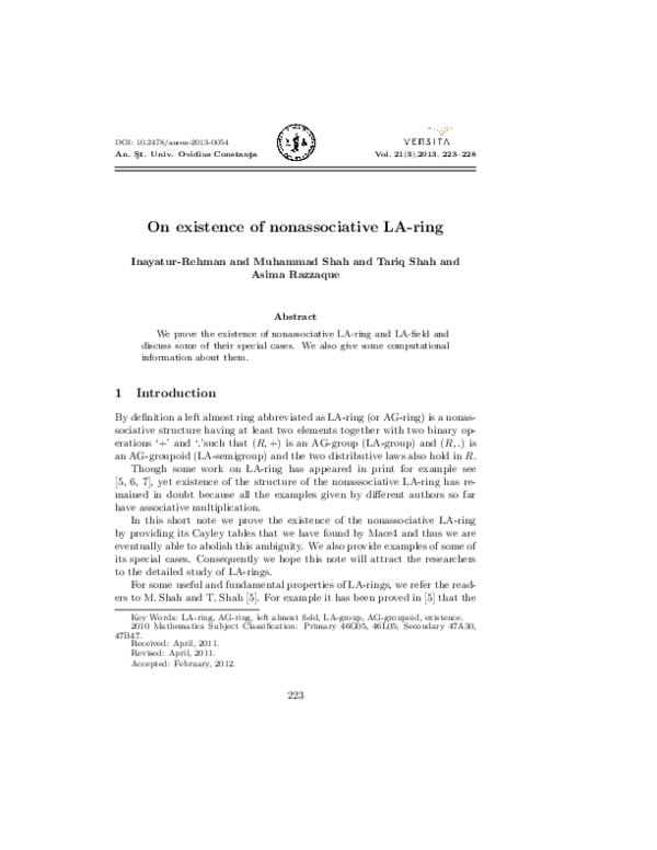 (PDF) On existence of nonassociative LA-ring | Muhammad Shah - Academia.edu